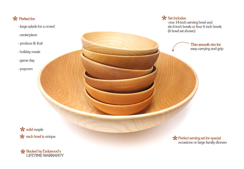 14 inch wooden bowl set - with 6 inch bowls - Earlywood